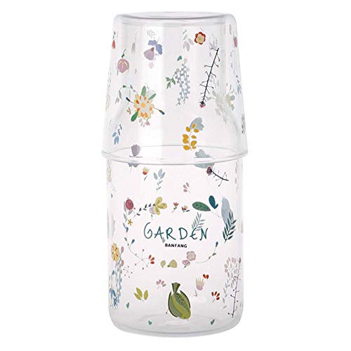 Sizikato 16 Oz Clear Glass Bedside Night Water Carafe with Tumbler Glass, Garden Flower and Bird Pattern.