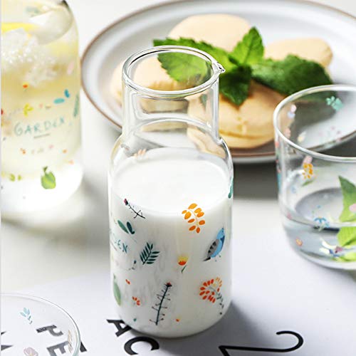 Sizikato 16 Oz Clear Glass Bedside Night Water Carafe with Tumbler Glass, Garden Flower and Bird Pattern.