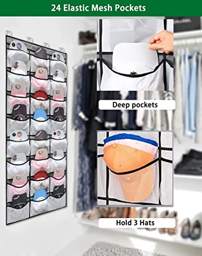 Hat Racks for Baseball Caps, Baseball Hat Organizer, 24 Deep Pocket Hat Storage & Ballcap Display Holder, Hat Holder with 4 Door Hooks