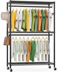 lehom g1 3 tiers garment rack with storage shelves, heavy duty rolling free-standing clothing rack closet organizer with double rods/lockable wheels & 2 pairs side hooks, max load 450 lbs, black