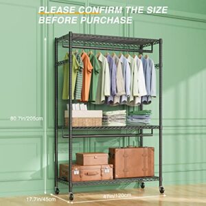 LEHOM G1 3 Tiers Garment Rack with Storage Shelves, Heavy Duty Rolling Free-Standing Clothing Rack Closet Organizer with Double Rods/Lockable Wheels & 2 Pairs Side Hooks, Max Load 450 LBS, Black