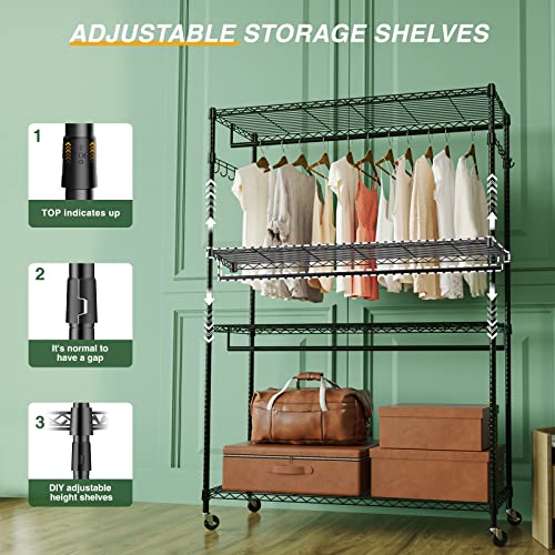 LEHOM G1 3 Tiers Garment Rack with Storage Shelves, Heavy Duty Rolling Free-Standing Clothing Rack Closet Organizer with Double Rods/Lockable Wheels & 2 Pairs Side Hooks, Max Load 450 LBS, Black