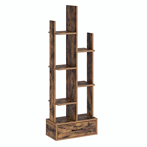 Rolanstar Bookshelf Bookcase with Drawer, Free Standing Tree Bookcase, Display Floor Standing Storage Shelf for Books CDs Plants,Utility Organizer Shelves for Living Room, Bedroom,Rustic Brown