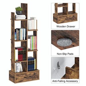 Rolanstar Bookshelf Bookcase with Drawer, Free Standing Tree Bookcase, Display Floor Standing Storage Shelf for Books CDs Plants,Utility Organizer Shelves for Living Room, Bedroom,Rustic Brown