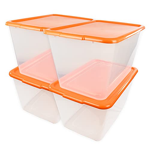 SIMPLYKLEEN 14.5-gal. Reusable Stacking Plastic Storage Containers with Lids, Tangelo Orange/Clear (Pack of 4)