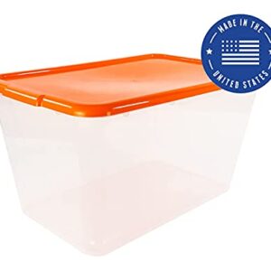 SIMPLYKLEEN 14.5-gal. Reusable Stacking Plastic Storage Containers with Lids, Tangelo Orange/Clear (Pack of 4)