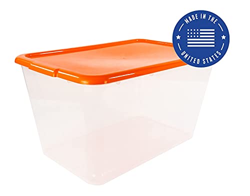 SIMPLYKLEEN 14.5-gal. Reusable Stacking Plastic Storage Containers with Lids, Tangelo Orange/Clear (Pack of 4)