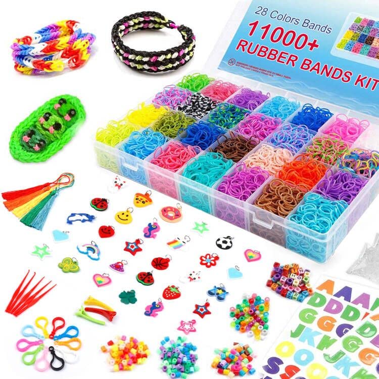 Inscraft Rubber Band Refill Kit: Over 11000 Rubber Bands, 28 Colors with Container, 600 Clips, 200 Beads, 52 ABC Beads, Premium Bracelet Making Refill Kit for Girls Kids Gift DIY Craft