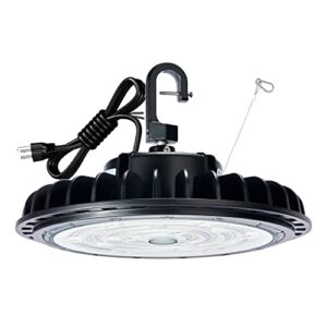 led ufo high bay light, 150w 140lm/w 5000k 1-10v dimmable,21000lm,ip65 waterproof,ufo highbay with 5' cable of us plug for commercial bay lighting warehouse workshop wet location, etl listed (black)