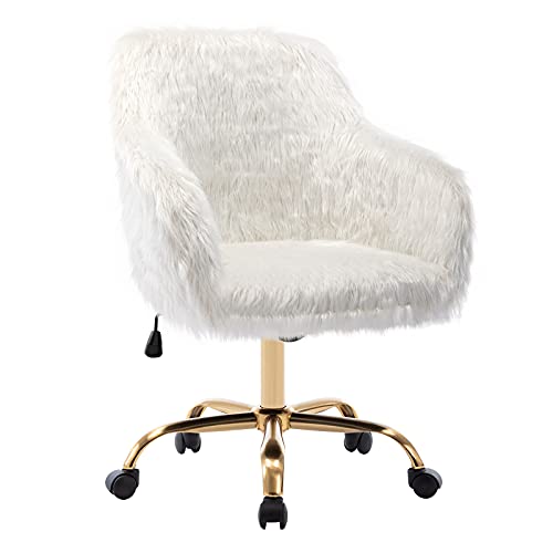 Duhome Faux Fur Home Office Chair for Women, Vanity Chair for Teen Girls Swivel Desk Chair with Armrest, White