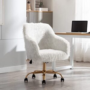 Duhome Faux Fur Home Office Chair for Women, Vanity Chair for Teen Girls Swivel Desk Chair with Armrest, White