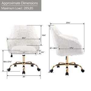 Duhome Faux Fur Home Office Chair for Women, Vanity Chair for Teen Girls Swivel Desk Chair with Armrest, White