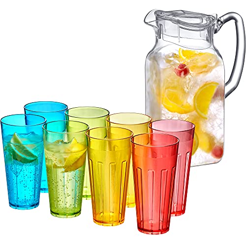 Amazing Abby - Quadly & Stripe - 64-Ounce Pitcher and 24-Ounce Plastic Tumblers (8-Pack), BPA-Free, Shatter-Proof, Great for Iced Tea, Sangria, Lemonade, and More