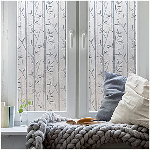 Window Privacy Film Bamboo Patten Frosted Glass Films, Self-Adhesive Static Cling Window Stickers, Anti-UV, Heat Insulation for Living Room Kitchen Patio Doors (17.5 x78.7Inch)