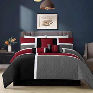 Chezmoi Collection 7-Piece Quilted Patchwork Comforter Set, Red/Gray/Black, Queen