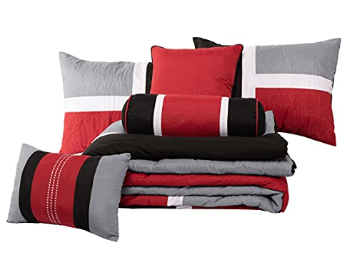 Chezmoi Collection 7-Piece Quilted Patchwork Comforter Set, Red/Gray/Black, Queen