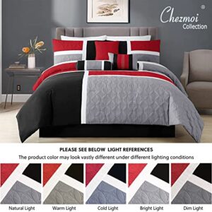 Chezmoi Collection 7-Piece Quilted Patchwork Comforter Set, Red/Gray/Black, Queen