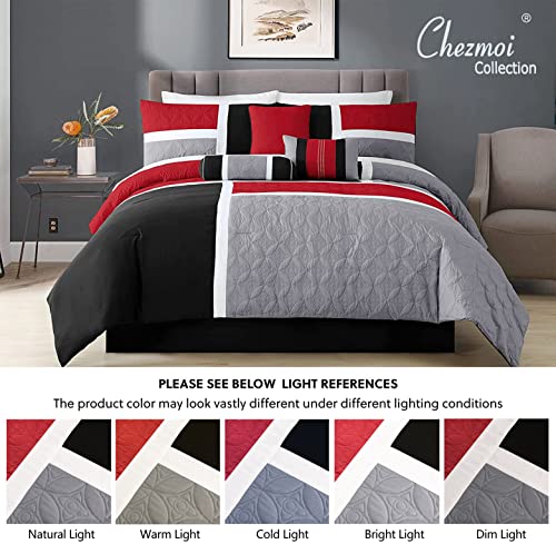 Chezmoi Collection 7-Piece Quilted Patchwork Comforter Set, Red/Gray/Black, Queen