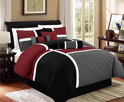 Chezmoi Collection 7-Piece Quilted Patchwork Comforter Set, Red/Gray/Black, Queen