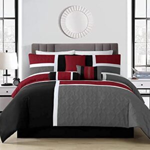 Chezmoi Collection 7-Piece Quilted Patchwork Comforter Set, Red/Gray/Black, Queen