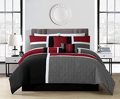 Chezmoi Collection 7-Piece Quilted Patchwork Comforter Set, Red/Gray/Black, Queen