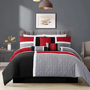 Chezmoi Collection 7-Piece Quilted Patchwork Comforter Set, Red/Gray/Black, Queen