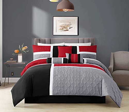 Chezmoi Collection 7-Piece Quilted Patchwork Comforter Set, Red/Gray/Black, Queen