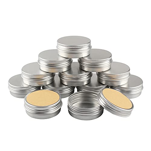 DLIBUY 12 Pcs 40ml 40g Empty Round Silver Aluminum Tin Jars with Screw Lids Cosmetics Lip Balm Containers Pots for DIY Candle, Salve Powder, Crafts, Storage Cans 3 Alu Spoon, 12 Labels