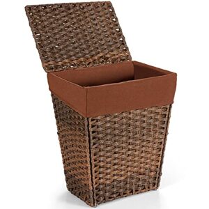 giantex laundry hamper with lid, foldable laundry basket w/removable liner bag, handwoven rattan clothes hamper w/handles anti-skid pads for living room laundry (brown)