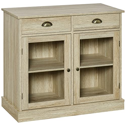 HOMCOM Farmhouse Sideboard Buffet Cabinet, Kitchen Cabinet with 2 Glass Doors, Coffee Bar Cabinet with Adjustable Shelves and 2 Drawers for Living Room, Oak