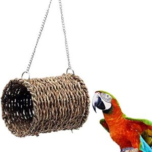 Woven Straw Bird tunnel - Seagrass Bird Tent Snuggle Toy Natural Hanging Hammock Swing Nest for Parrot Cockatiel Parakeet African Grey Cockatoo Macaw Amazon Lovebird Finch Hamster (4.72"x3.94"x10.2")