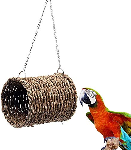 Woven Straw Bird tunnel - Seagrass Bird Tent Snuggle Toy Natural Hanging Hammock Swing Nest for Parrot Cockatiel Parakeet African Grey Cockatoo Macaw Amazon Lovebird Finch Hamster (4.72"x3.94"x10.2")