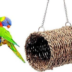 Woven Straw Bird tunnel - Seagrass Bird Tent Snuggle Toy Natural Hanging Hammock Swing Nest for Parrot Cockatiel Parakeet African Grey Cockatoo Macaw Amazon Lovebird Finch Hamster (4.72"x3.94"x10.2")