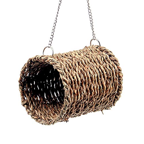 Woven Straw Bird tunnel - Seagrass Bird Tent Snuggle Toy Natural Hanging Hammock Swing Nest for Parrot Cockatiel Parakeet African Grey Cockatoo Macaw Amazon Lovebird Finch Hamster (4.72"x3.94"x10.2")