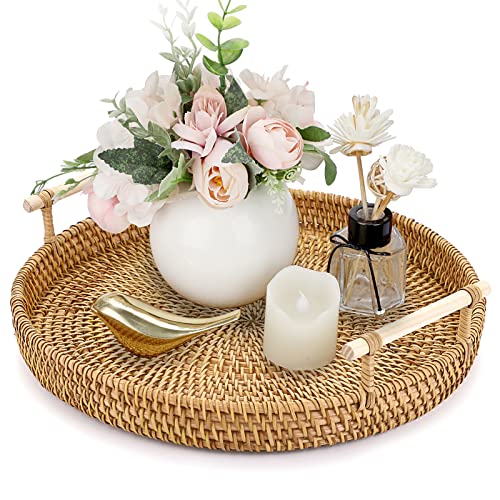 Hipiwe Round Rattan Serving Tray with Handles Wicker Tray Coffee Table Decorative Tray Hand Woven Serving Basket Ottoman Trays for Fruit Bread Parties Breakfast