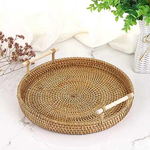 Hipiwe Round Rattan Serving Tray with Handles Wicker Tray Coffee Table Decorative Tray Hand Woven Serving Basket Ottoman Trays for Fruit Bread Parties Breakfast