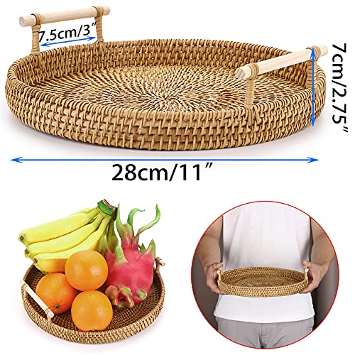 Hipiwe Round Rattan Serving Tray with Handles Wicker Tray Coffee Table Decorative Tray Hand Woven Serving Basket Ottoman Trays for Fruit Bread Parties Breakfast