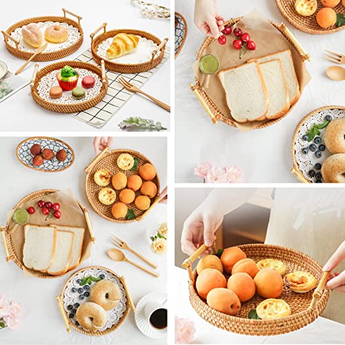 Hipiwe Round Rattan Serving Tray with Handles Wicker Tray Coffee Table Decorative Tray Hand Woven Serving Basket Ottoman Trays for Fruit Bread Parties Breakfast