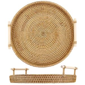 Hipiwe Round Rattan Serving Tray with Handles Wicker Tray Coffee Table Decorative Tray Hand Woven Serving Basket Ottoman Trays for Fruit Bread Parties Breakfast