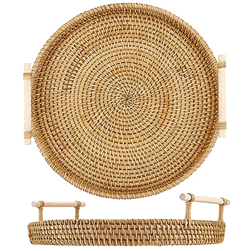 Hipiwe Round Rattan Serving Tray with Handles Wicker Tray Coffee Table Decorative Tray Hand Woven Serving Basket Ottoman Trays for Fruit Bread Parties Breakfast