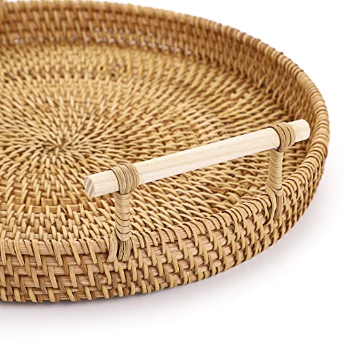 Hipiwe Round Rattan Serving Tray with Handles Wicker Tray Coffee Table Decorative Tray Hand Woven Serving Basket Ottoman Trays for Fruit Bread Parties Breakfast