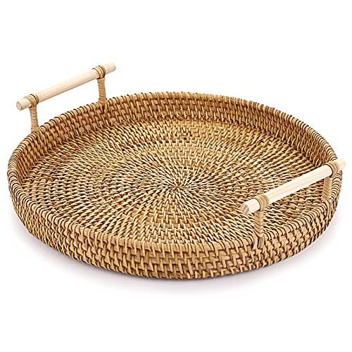 Hipiwe Round Rattan Serving Tray with Handles Wicker Tray Coffee Table Decorative Tray Hand Woven Serving Basket Ottoman Trays for Fruit Bread Parties Breakfast