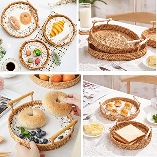 Hipiwe Round Rattan Serving Tray with Handles Wicker Tray Coffee Table Decorative Tray Hand Woven Serving Basket Ottoman Trays for Fruit Bread Parties Breakfast