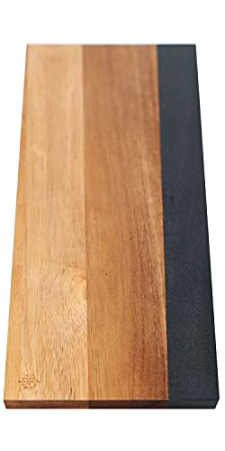 Acacia Wood and Slate Modern Cheeseboard (Acacia Wood and Black Slate) Charcuterie Platter for Wine, Cheese, Meat