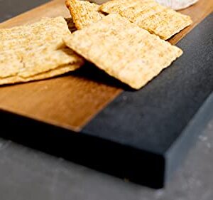 Acacia Wood and Slate Modern Cheeseboard (Acacia Wood and Black Slate) Charcuterie Platter for Wine, Cheese, Meat