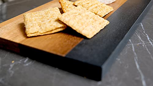 Acacia Wood and Slate Modern Cheeseboard (Acacia Wood and Black Slate) Charcuterie Platter for Wine, Cheese, Meat