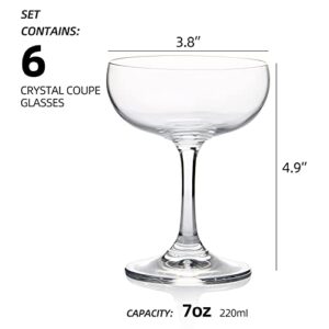 FAWLES Crystal Coupe Glasses, Set of 6, 7 Ounce(220ml), Elegant Short Stem Design, Clear Cocktail Glasses Sets Perfect for Drinking Champagne, Sweet Wine, etc.