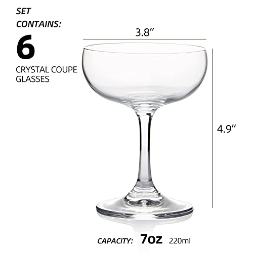 FAWLES Crystal Coupe Glasses, Set of 6, 7 Ounce(220ml), Elegant Short Stem Design, Clear Cocktail Glasses Sets Perfect for Drinking Champagne, Sweet Wine, etc.