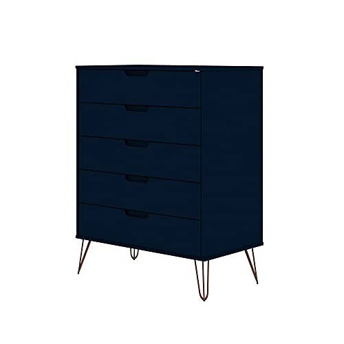 Manhattan Comfort Rockefeller Mid Century Modern 5-Drawer Tall Dresser, Tatiana Midnight Blue