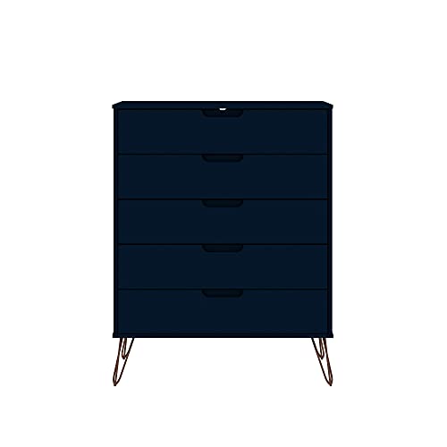 Manhattan Comfort Rockefeller Mid Century Modern 5-Drawer Tall Dresser, Tatiana Midnight Blue